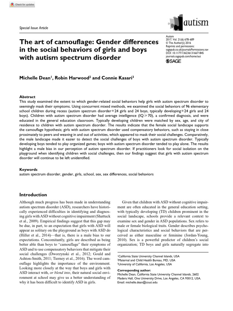 Gender Differences in Autism Camouflage | PDF | Autism Spectrum ...
