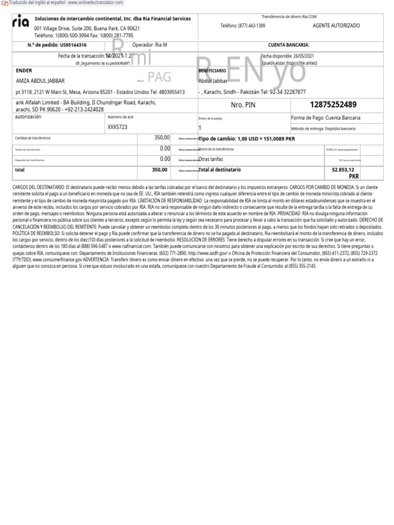 Ria Order Receipt US95144316.en - Es | PDF | Transferencia bancaria ...