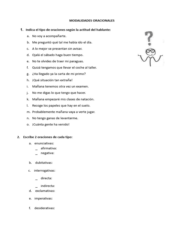 2. Ejercicios modalidad oracional.docx | PDF | Mecánica del lenguaje | Gramática