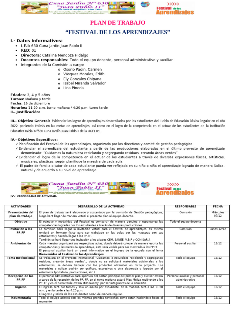 PLAN DE TRABAJO FESTIVAL DE LOS APRENDIZAJES 2022 Ok | PDF | Maestros ...