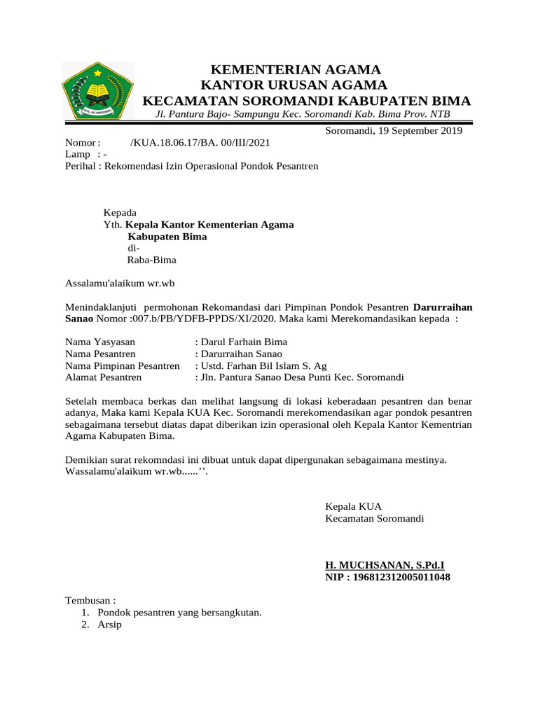 SURAT REKOMENDASI IZIN OPRASINAL PONDOK PESANTREN | PDF