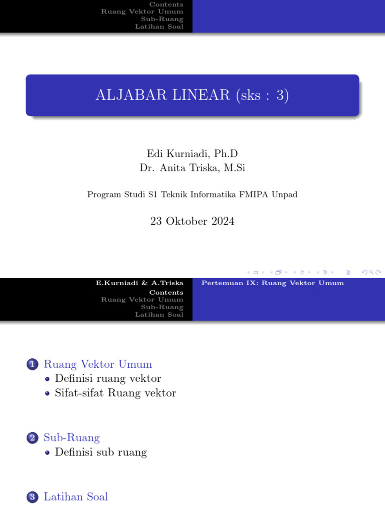 Slide Kuliah ALIN Pert 9_Setelah UTS_ruang Vektor Part 1 | PDF