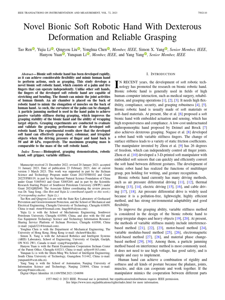 Novel Bionic Soft Robotic Hand With Dexterous Deformation and Reliable Grasping | PDF | Hand | Thumb