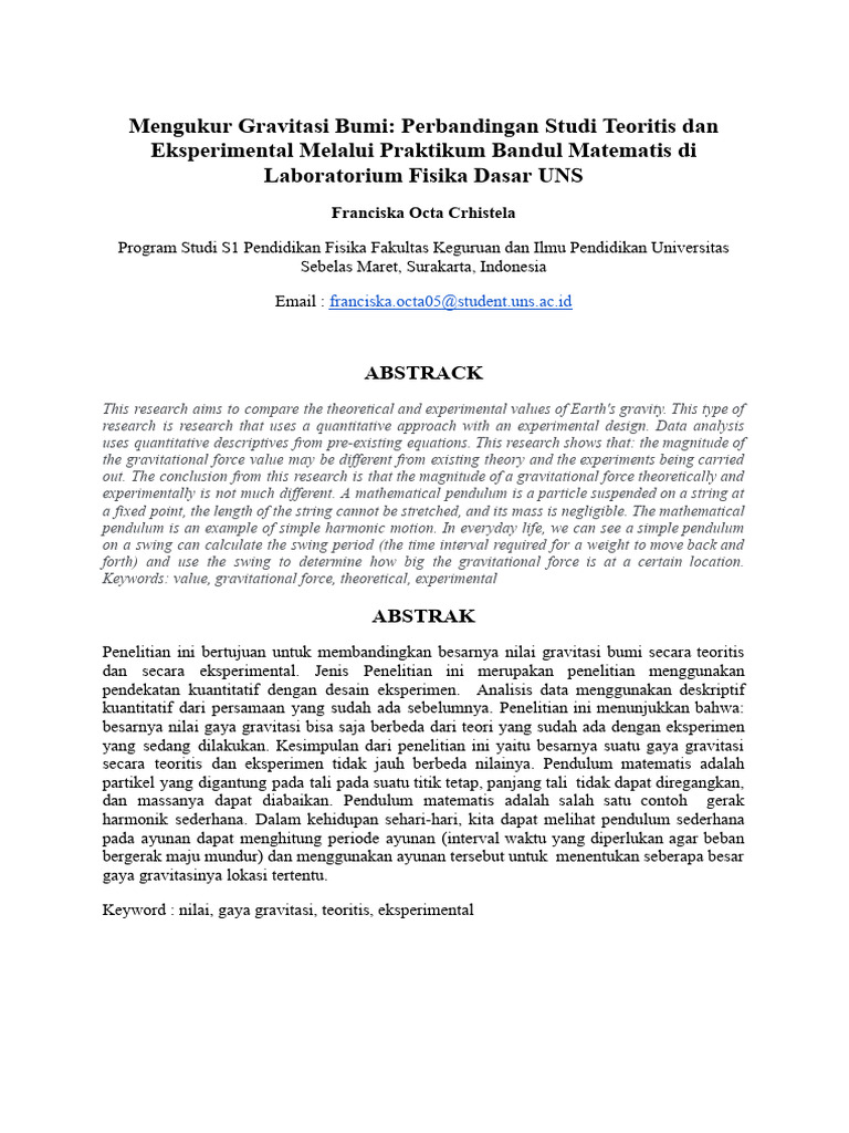 Mengukur Gravitasi Bumi: Perbandingan Studi Teoritis Dan Eksperimental ...