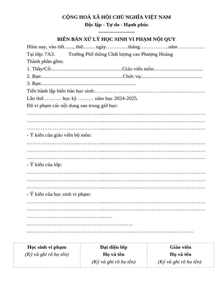 Bien Ban Xu Ly Hoc Sinh Vi Pham | PDF