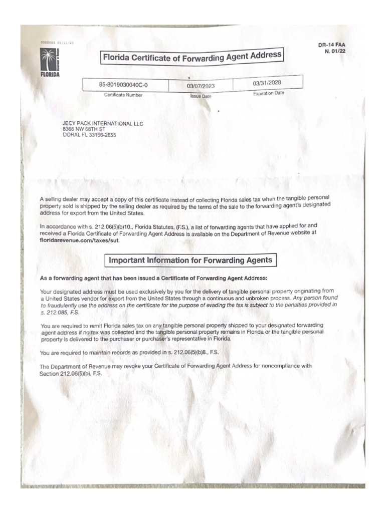 Florida Certificate of Forwarding Agent Address | PDF