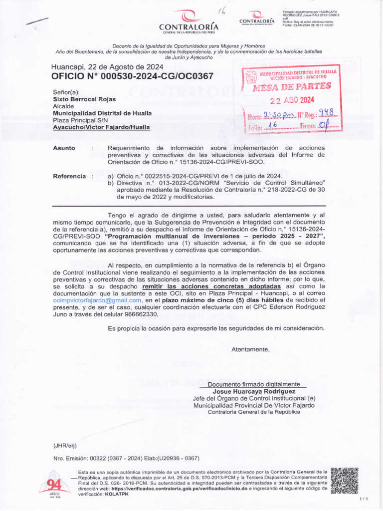 Cargo de Oficio Nº 000530-2024-CG-OC0367 Hualla (1) | PDF