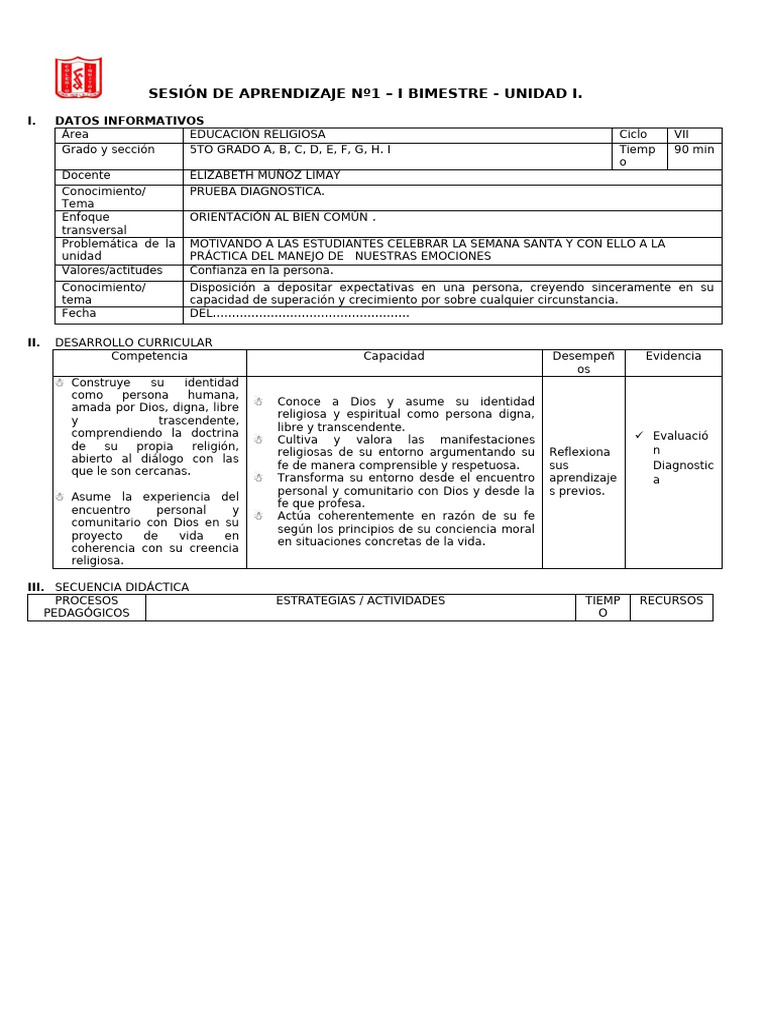 SESION N°1-5° SEC. I BIMESTRE | PDF | Fe | Evaluación
