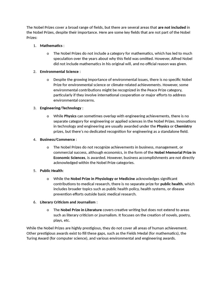 The Nobel Prizes Cover A Broad Range of Fields | PDF | Nobel Prize ...