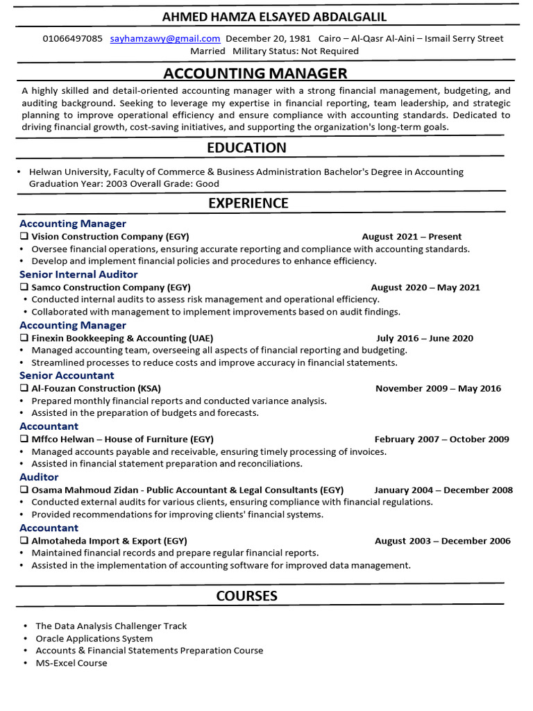 Ahmed Hamza Accounting Manager CV-3 | PDF | Audit | Accounting