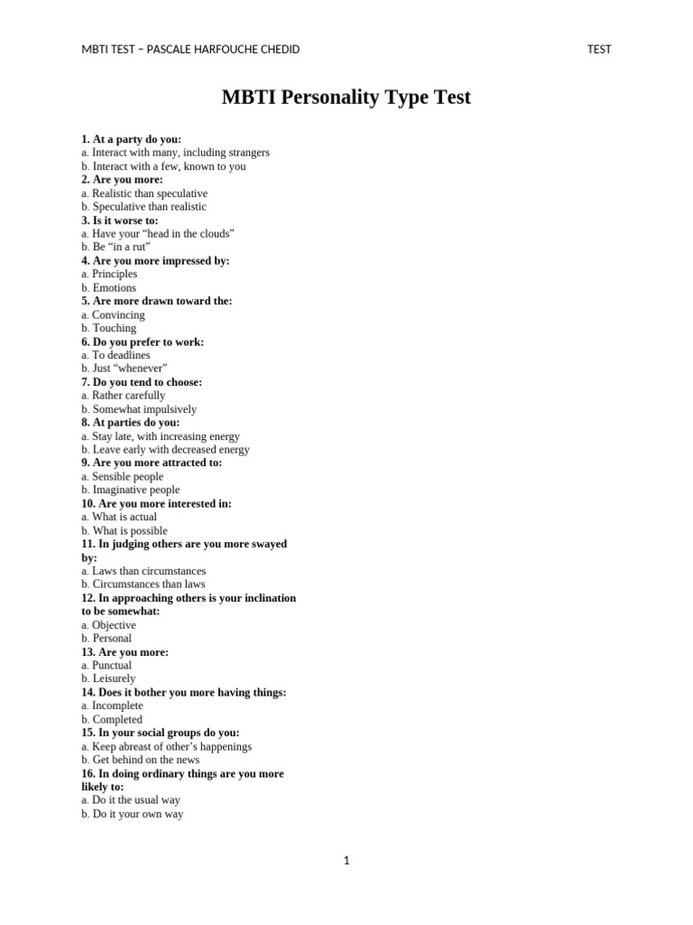 MBTI Personality Type Test | PDF | Psychological Concepts | Psychology