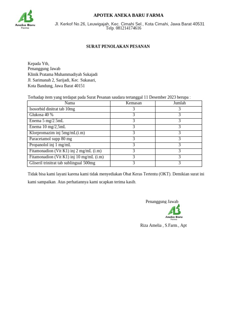 Surat Penolakan Pesanan | PDF