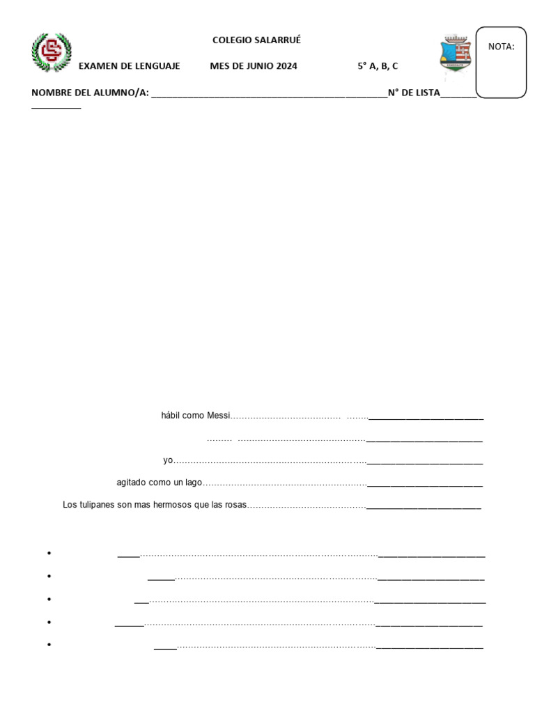 Examen de Lenguaje 5° Grado Junio 2024 | PDF | Lingüística | Idiomas