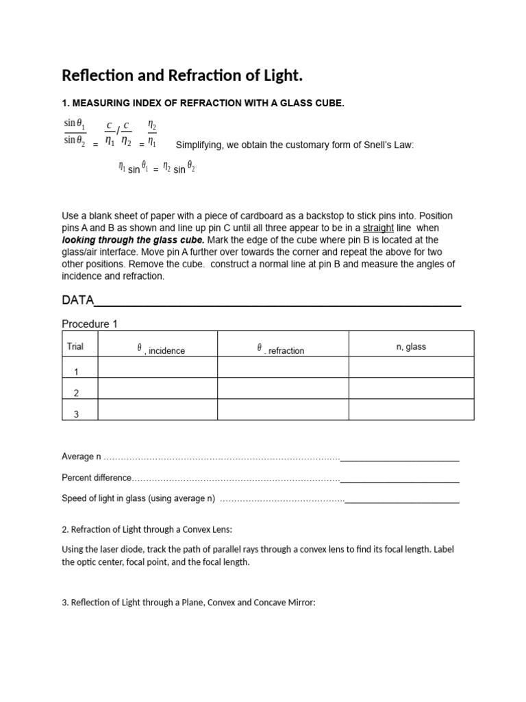 Light Reflection and Refraction Lab Guide | PDF | Electromagnetism ...