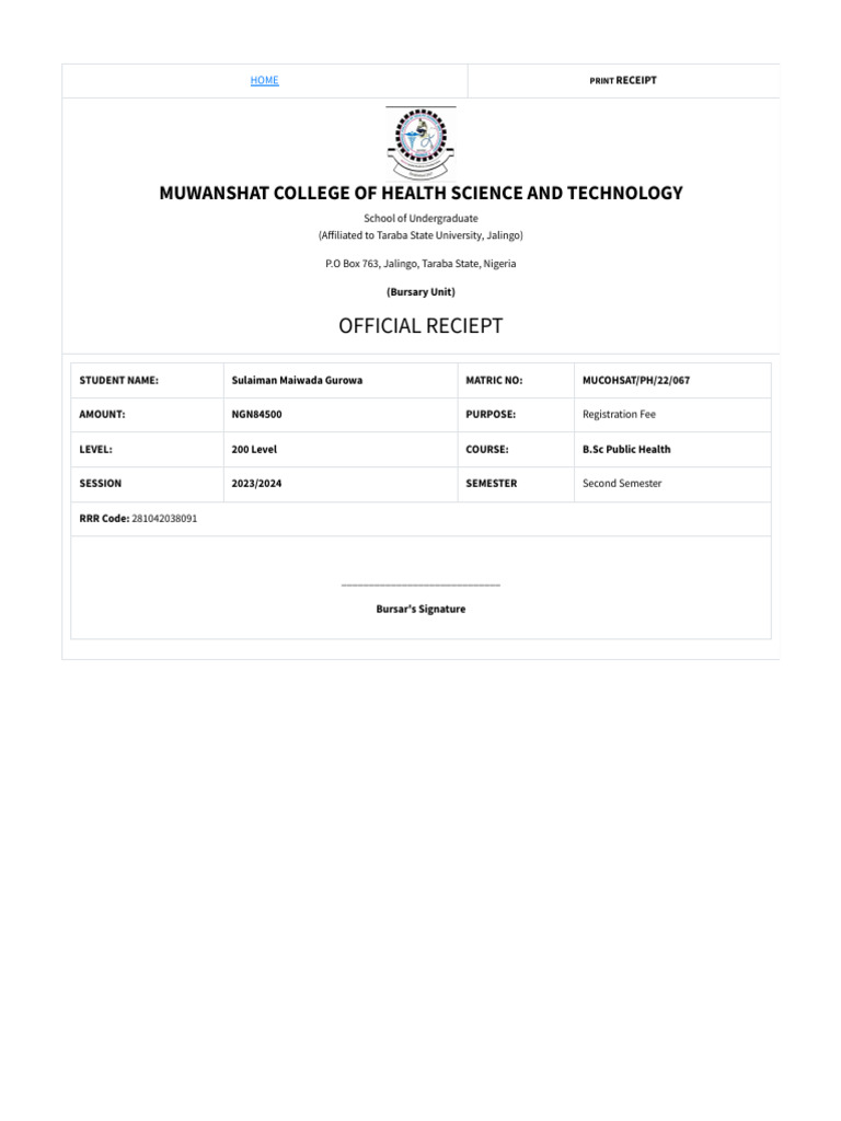 MUCOHSAT Student Fee Receipt | PDF