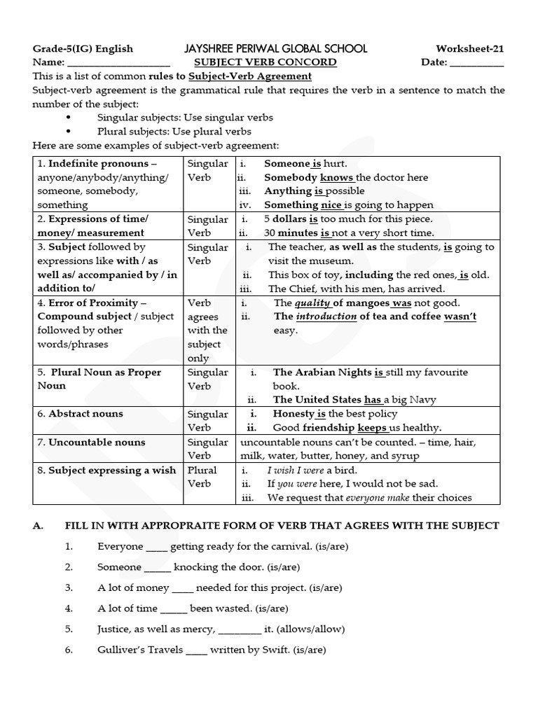 Worksheet 21 (Subject Verb Agreement) | PDF | Grammatical Number | Verb