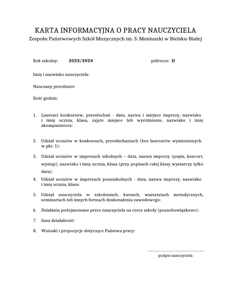 Karta Informacyjna Pusta | PDF