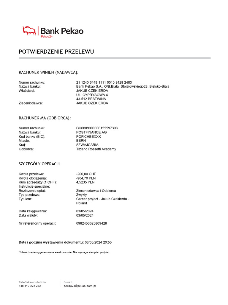 Potwierdzenie Przelewu: Rachunek Winien (Nadawca) | PDF