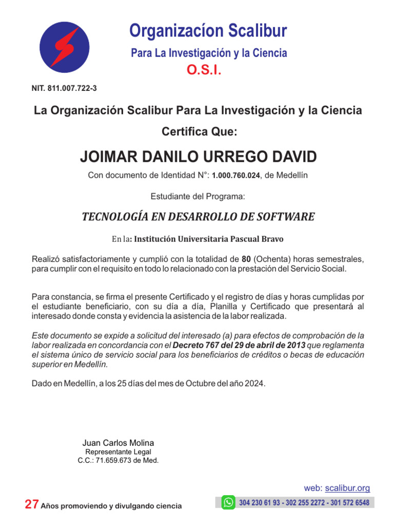 Certificado de Labor Social Danilo Scalibur 2024 | PDF