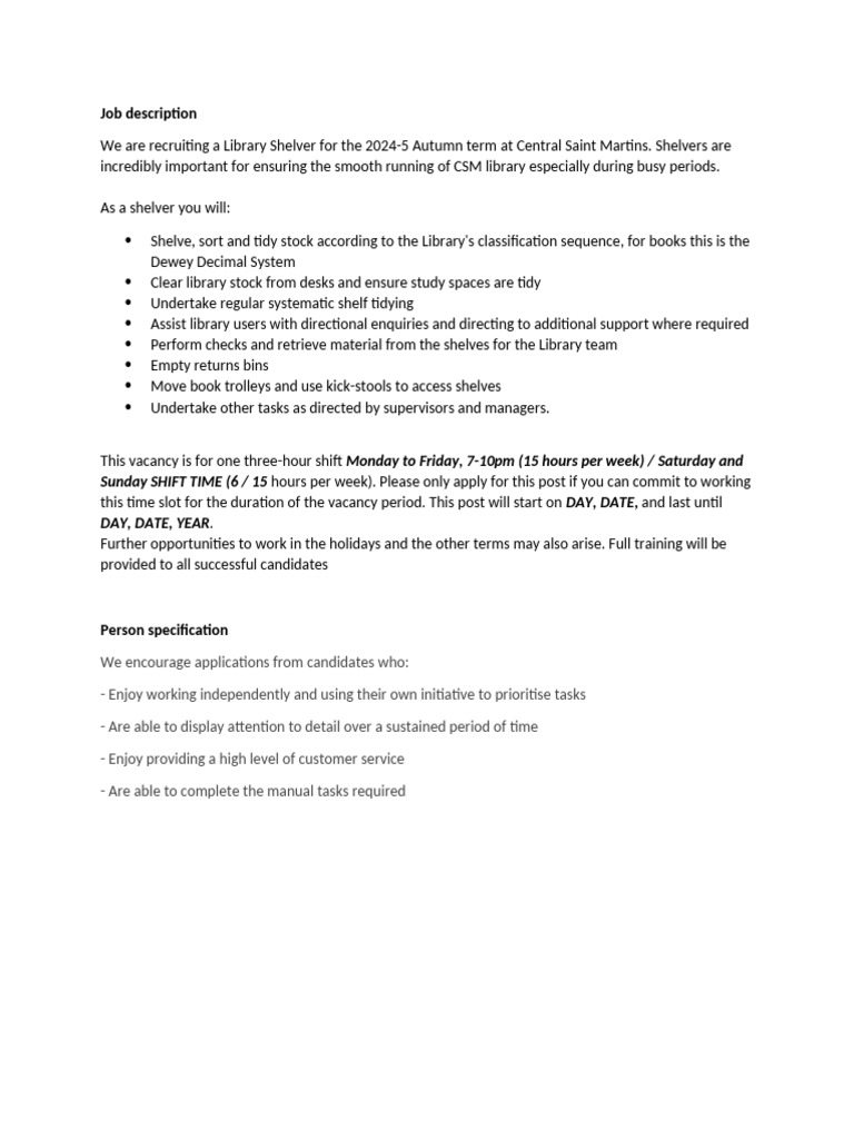 Library Shelver Job Opening at CSM | PDF