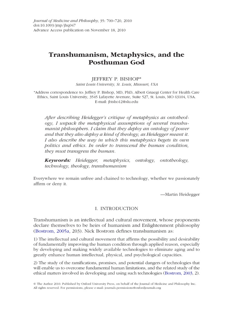 Transhumanism, Metaphysics, and The Posthuman God - Jeffrey P. Bishop | PDF | Transhumanism ...