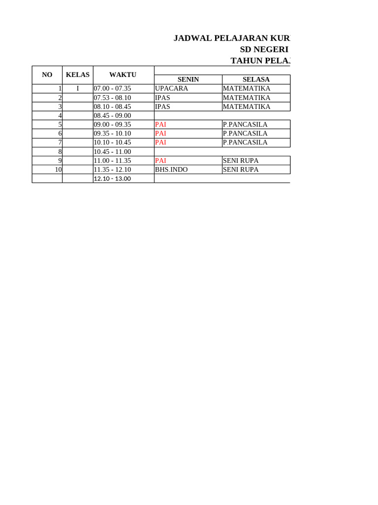 Jadwal Pelajaran KELAS 6 | PDF