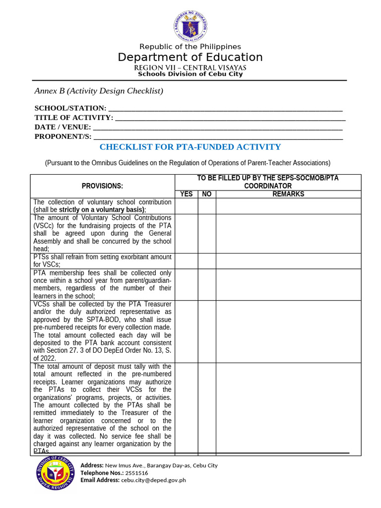 Annex B PTA Funded Organized Activity Checklist | PDF