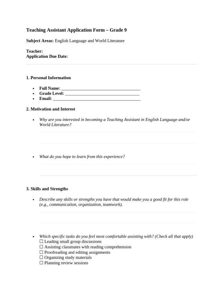 Teaching Assistant Application Form | PDF