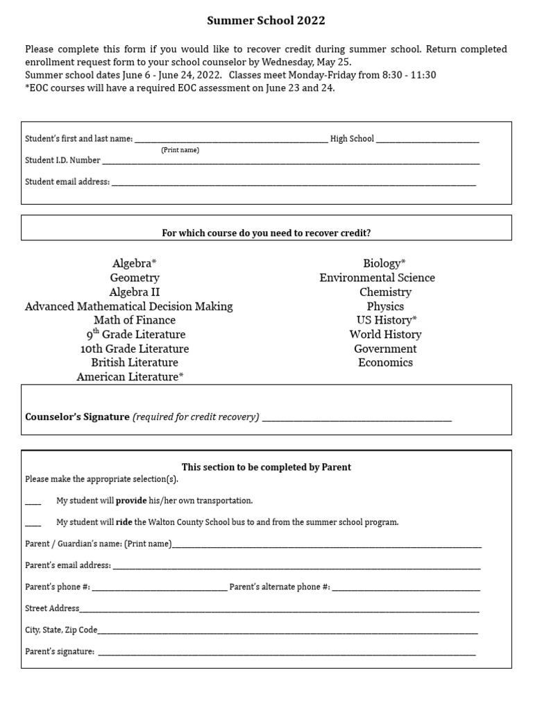 2022 Summer School Enrollment Request Form | PDF | Mathematics