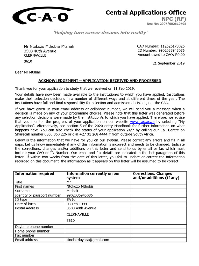CAO Application Acknowledgment Letter | PDF
