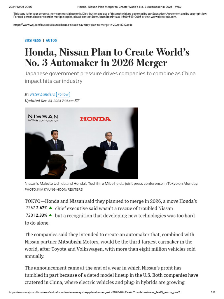 Honda, Nissan Plan Merger to Create World’s No. 3 Automaker in 2026 - WSJ | PDF | Nissan | Honda