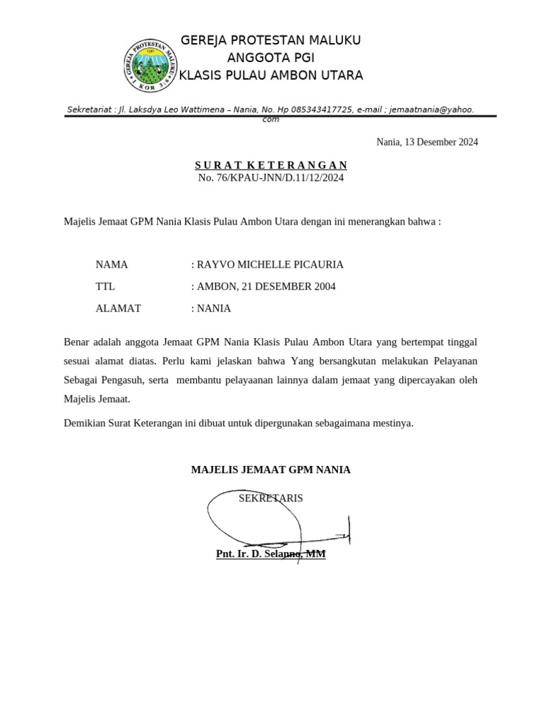 Surat Keterangan Anggota GPM Nania | PDF