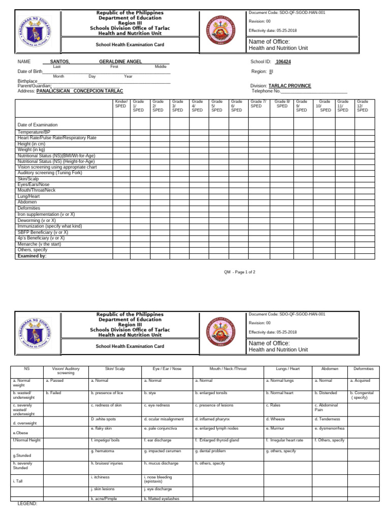 SHN Form 001 School Health Examination Card Elementary | PDF | Medical ...
