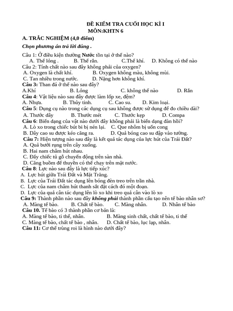 Đề kiểm tra học kì 1 KHTN 6 | PDF