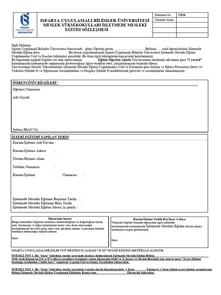 Oidb FRM Meslek Yuksekokullari Isletmede Mesleki Egitim Sozlesmesi ...