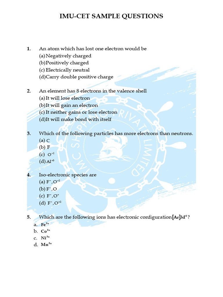 Chemistry IMU CET Sample Questions 04 | PDF | Silicon | Ion