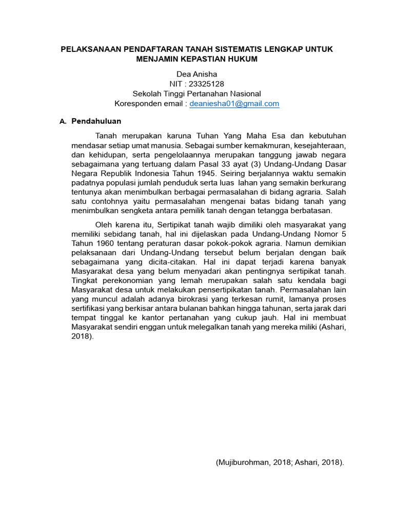 Dea Anisha - Pelaksanaan Pendaftaran Tanah Sistematis Lengkap Untuk Menjamin Kepastian Hukum | PDF
