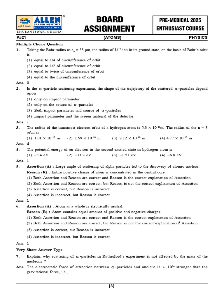 P021 - PHY - BA - Atoms - 14 - 12 - 2024 - FC | PDF | Atoms | Electron