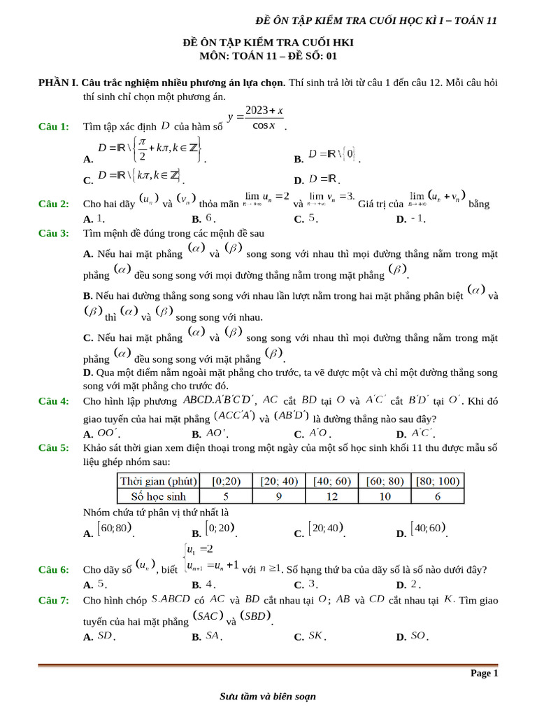 De So 01 on Tap Cuoi Ki 1 Toan 11 Kntt_ctm_hdg | PDF