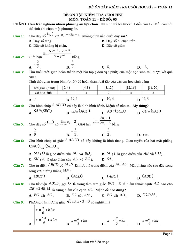 DE SO 05 ON TAP CUOI KI 1 TOAN 11 KNTT_CTM_HDG | PDF