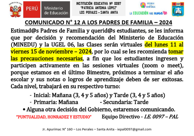 Comunicado PPFF Clases Virtuales Noviembre 2024 | PDF