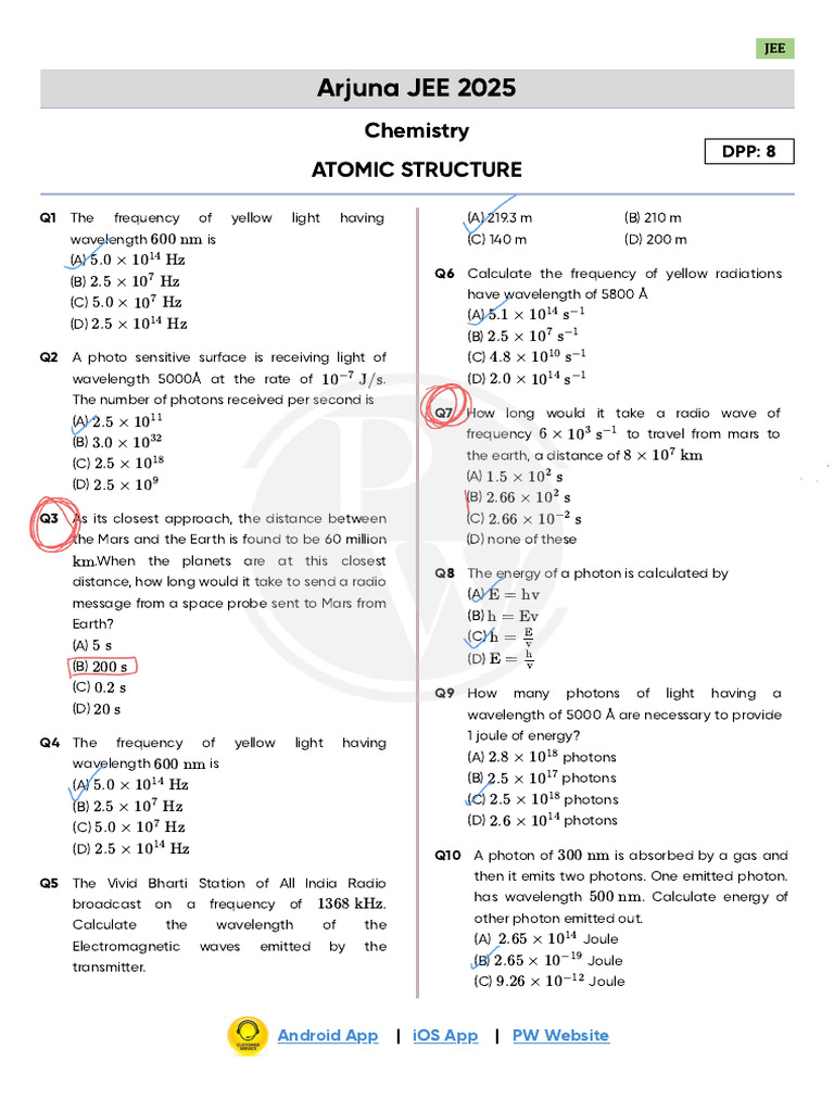 Atomic Structure Dpp 08 Of Lec 12 Arjuna Jee Pdf Photon Hertz