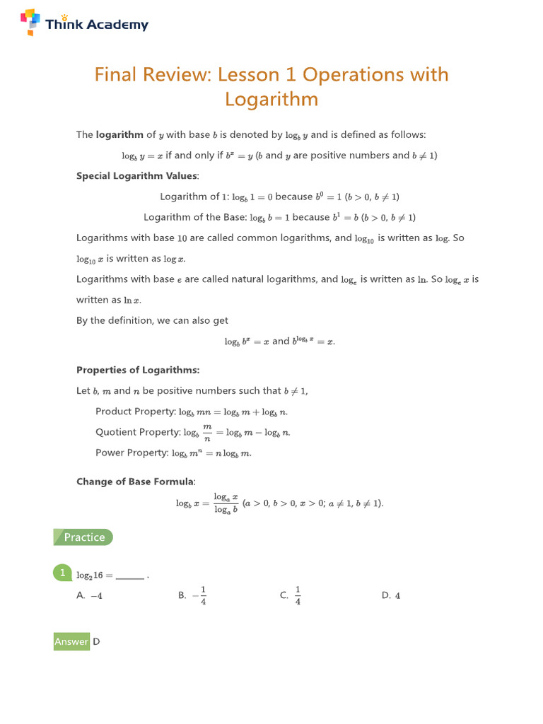 Final Review Lesson 1 Operations With Logarithm | PDF