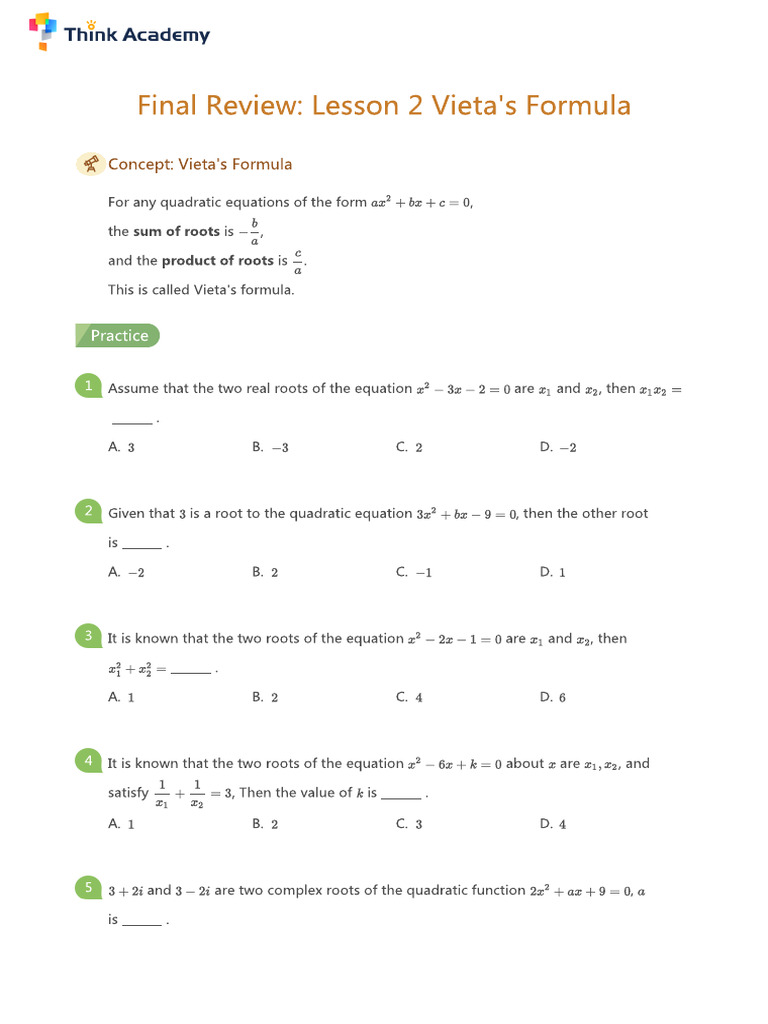Final Review - Lesson 2 Vieta's Formula | PDF