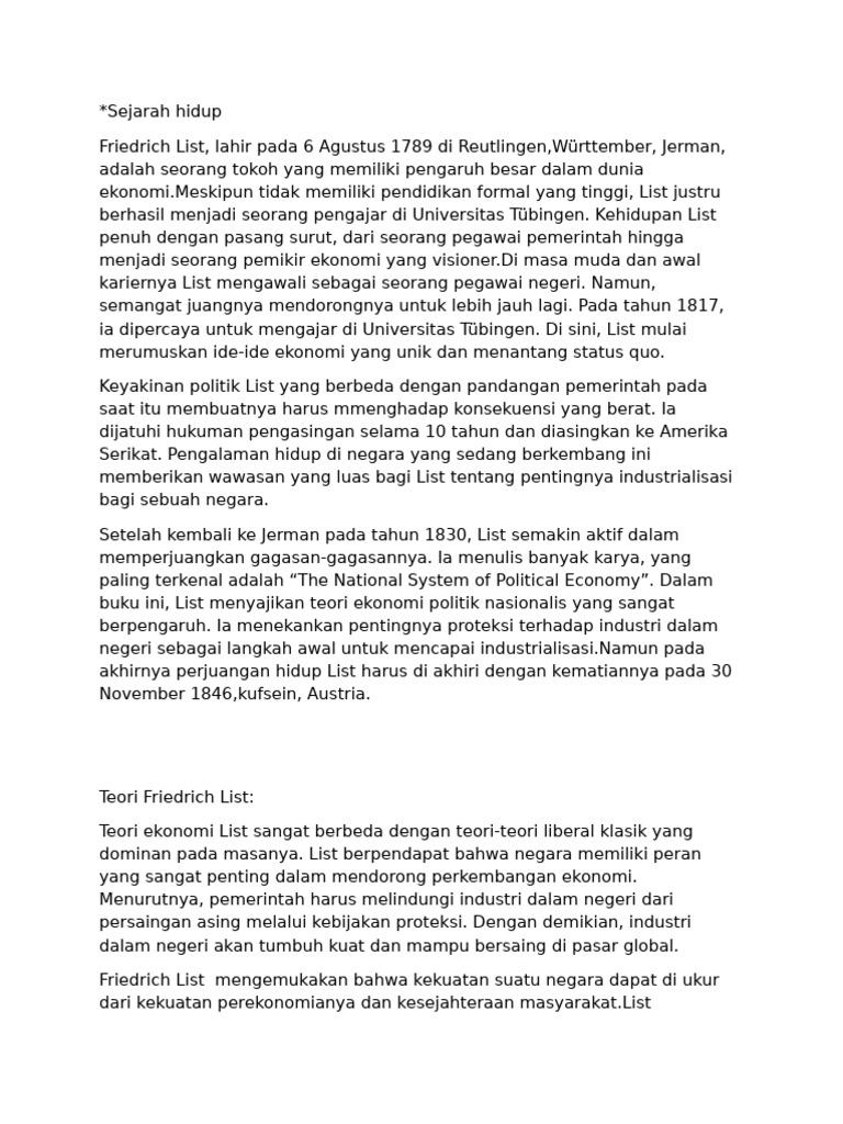 Teori Pertumbuhan Ekonomi Friedrich List | PDF