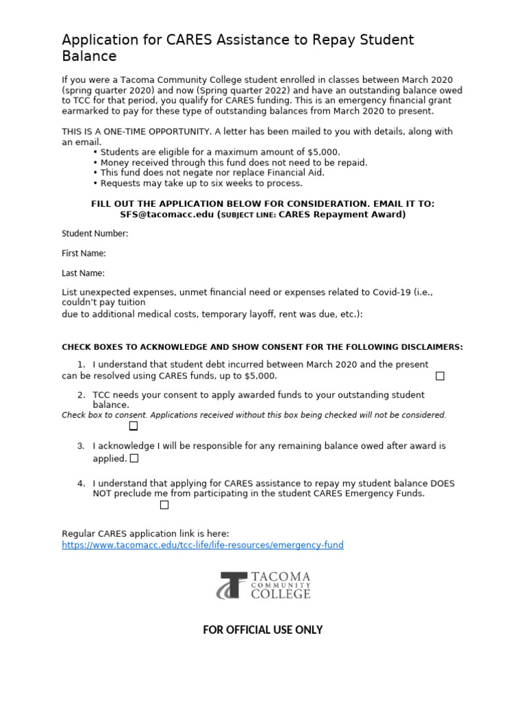 Application For CARES Assistance To Repay Student Balance Updated 5.16. ...