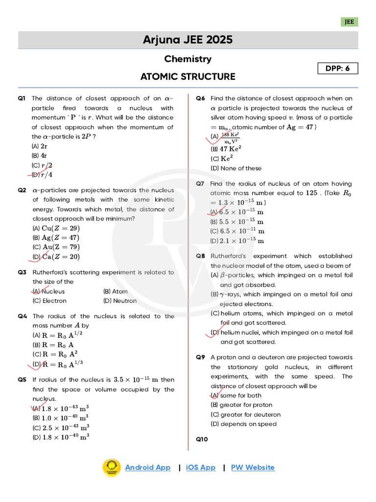Atomic Structure DPP 06 of Lec 09 Arjuna JEE | PDF | Atomic Nucleus | Atoms