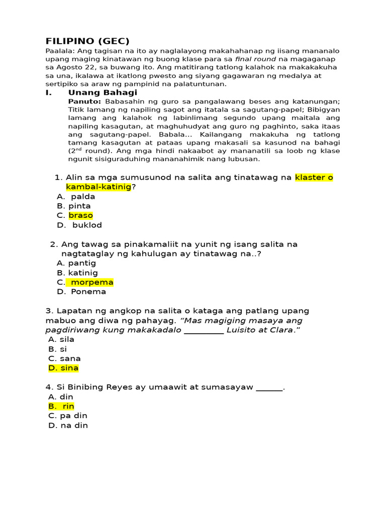 QUIZ BEE - Filipino para Sa Elimination Round | PDF