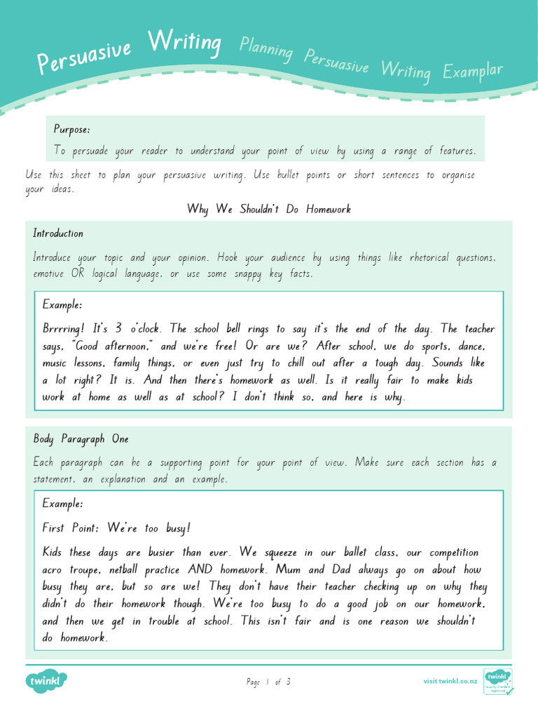 Level 3 Writing - Persuasive Writing Planning Sheet With Exemplar | PDF