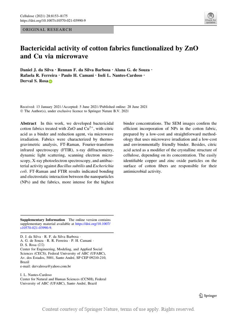 Bactericidal Activity of Cotton Fabrics Functional | PDF | Nanoparticle ...